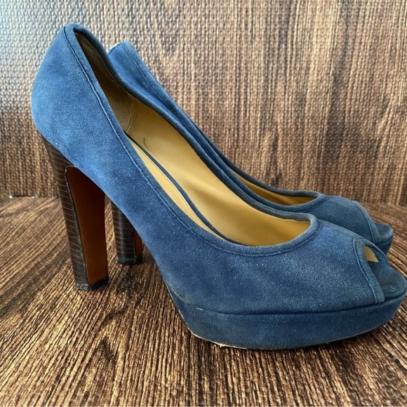 Coach | Shoes | Coach Blue Peeptoe Heels With Chunky Heel | Poshmark